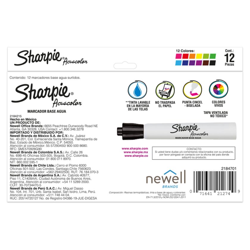 Marcador Sharpie Base de Agua Acuacolor Caja de 12 Colores Surtidos
