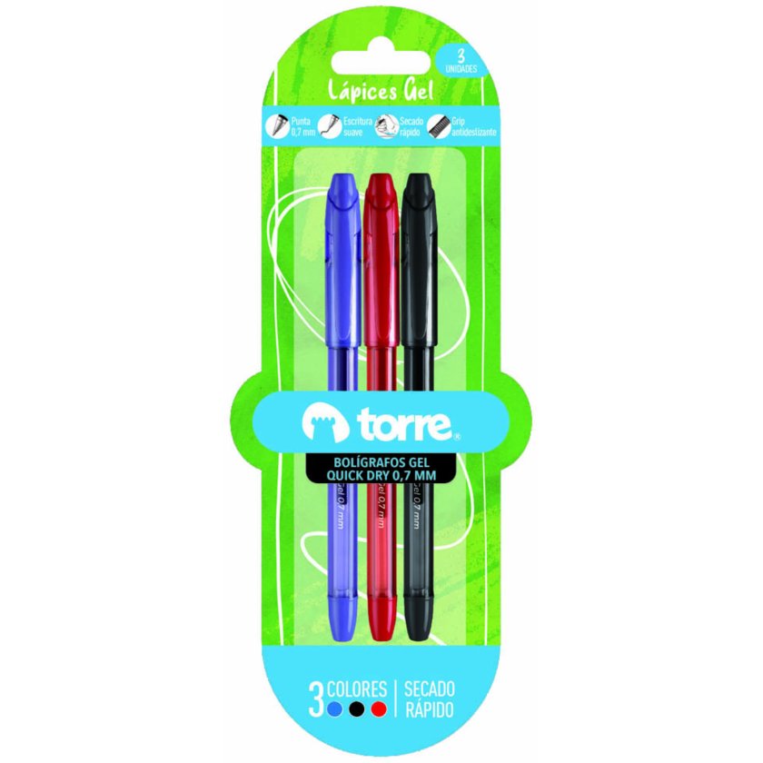 Bolígrafo Gel Torre Quick Dry 0.7 mm Blíster de 3 Colores