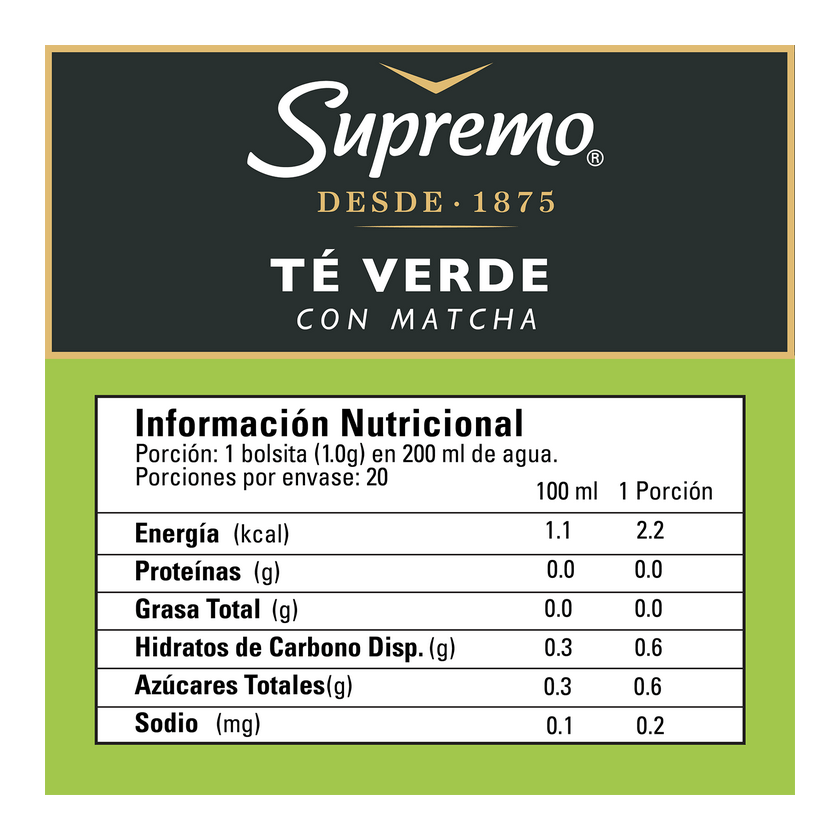 Té Verde Supremo Matcha 20 Bolsitas