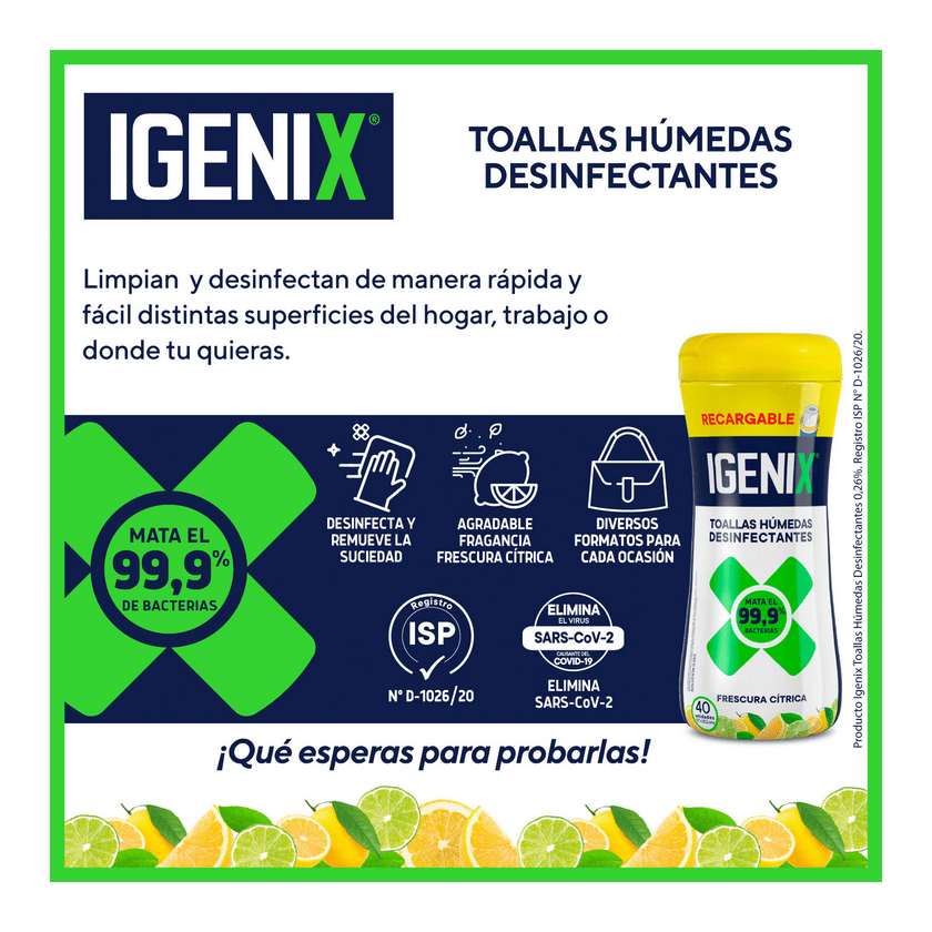 Toallas Desinfectantes Igenix Frescura Cítrica Tubo de 40 Unidades