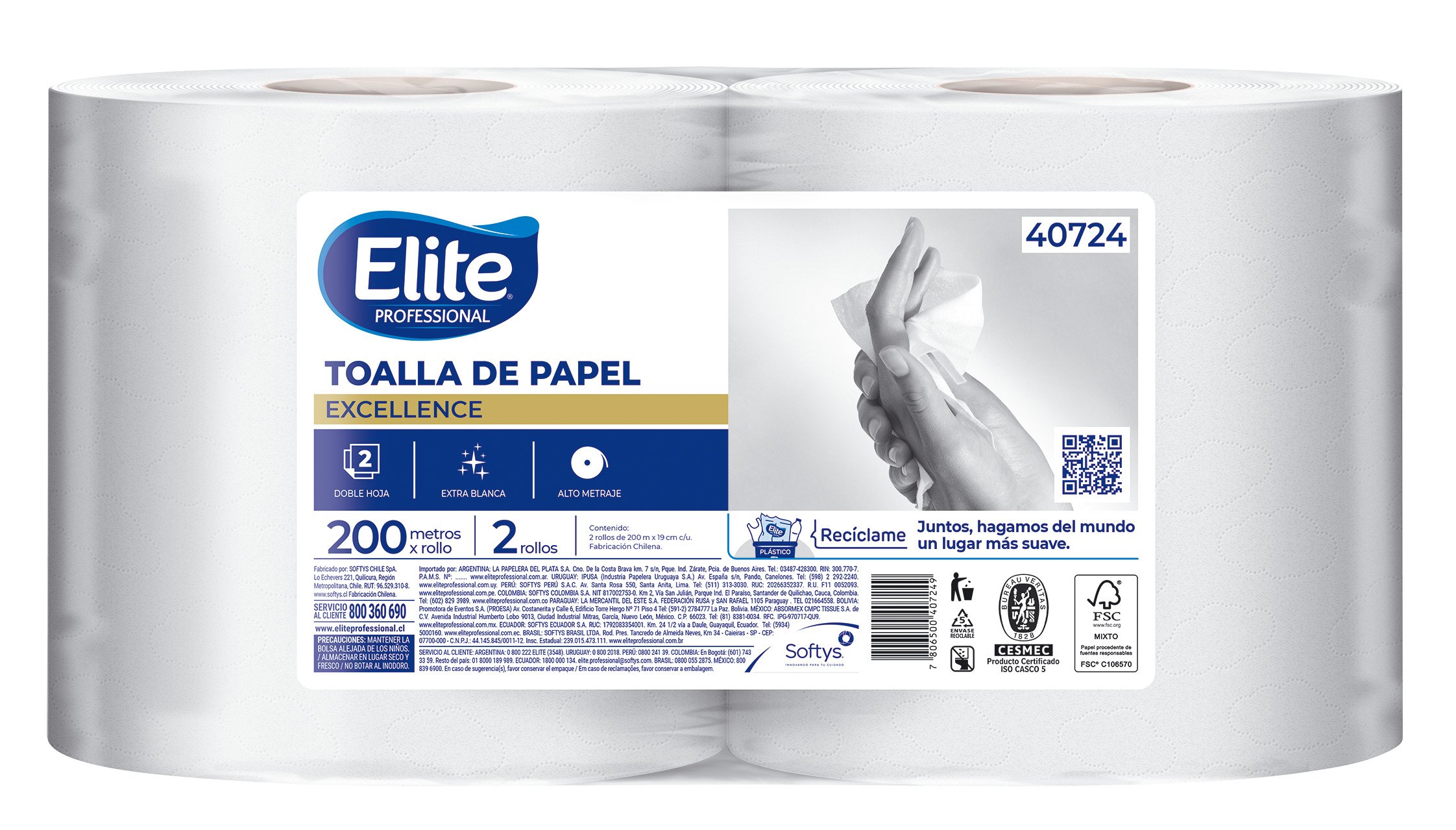 Toalla de Papel Elite 2 Rollos 200 m Doble Hoja
